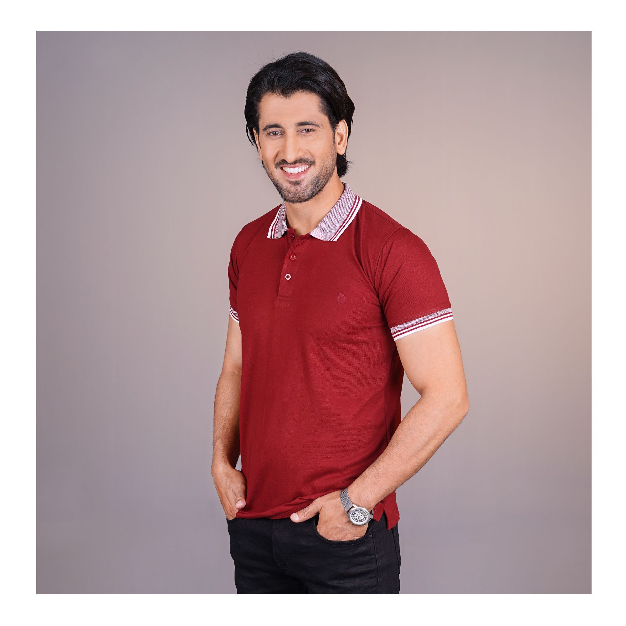 Basix Men’s Textured Jacquard Collar Embroidered Logo Maroon Polo Shirt ...
