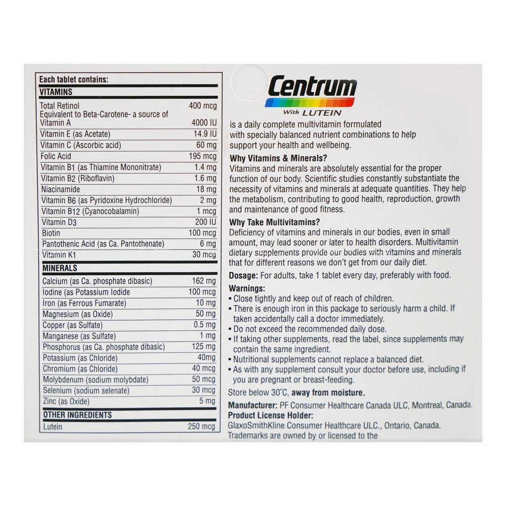 Centrum With Lutein Multivitamin Tablet For Adults, 100-Pack