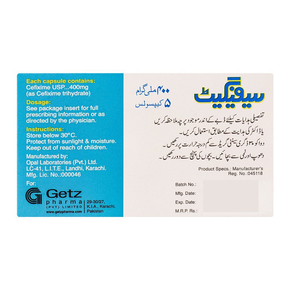 Purchase Getz Pharma Cefiget Capsule, 400mg, 5-Pack Online at Best Price in Pakistan - Naheed.pk