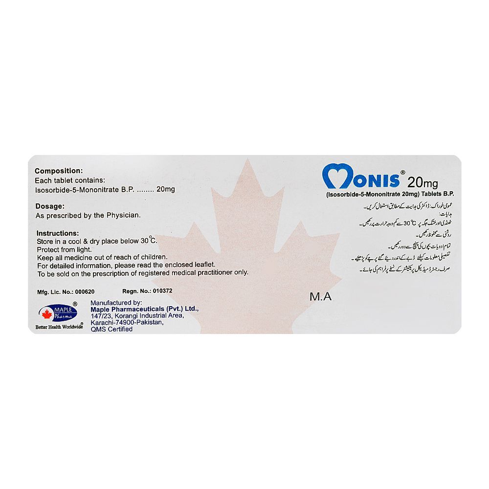 Maple Pharmaceuticals Monis Tablet, 20mg, 1-Strip