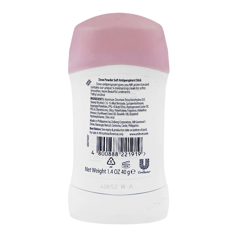 Dove Powder Soft Antiperspirant Deodorant Stick, Alcohol Free, 40ml