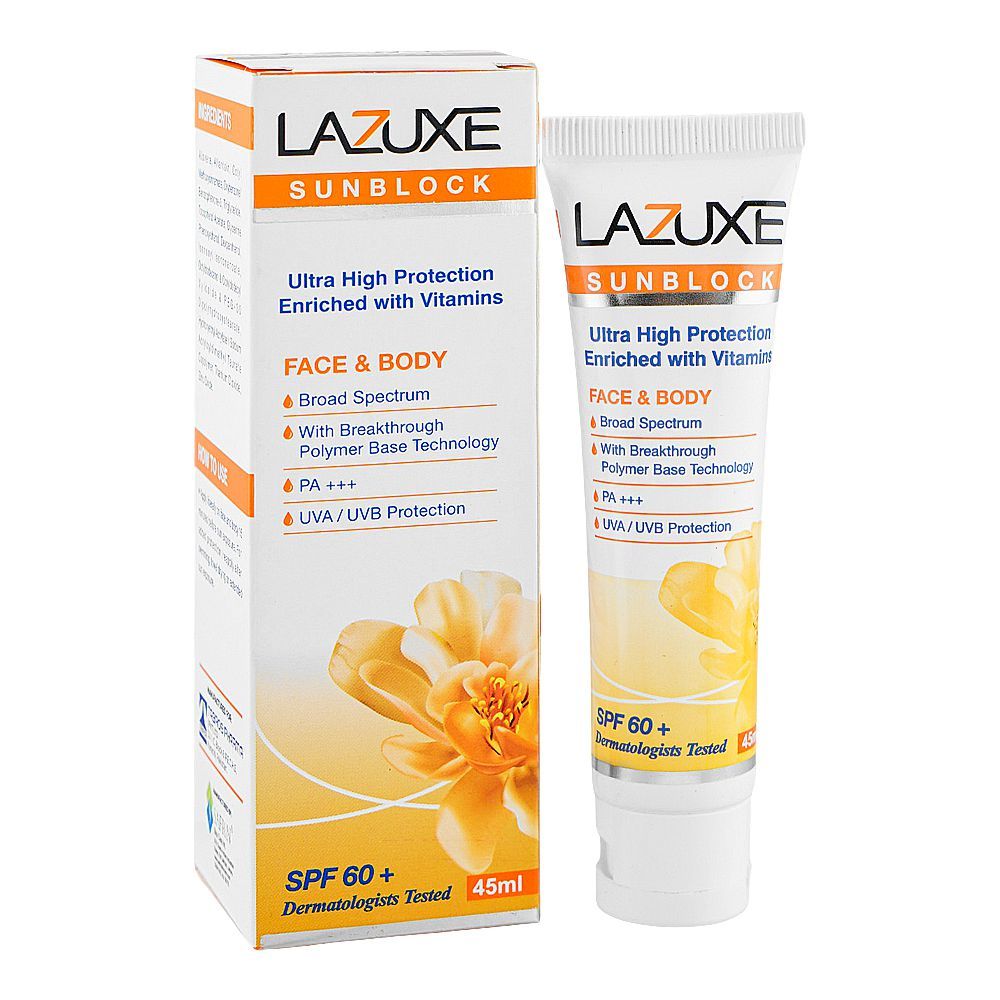 Lazuxe Sunblock SPF 60 PA+++, Broad Spectrum UVA & UVB Protection, Lightweight Formula, 45ml