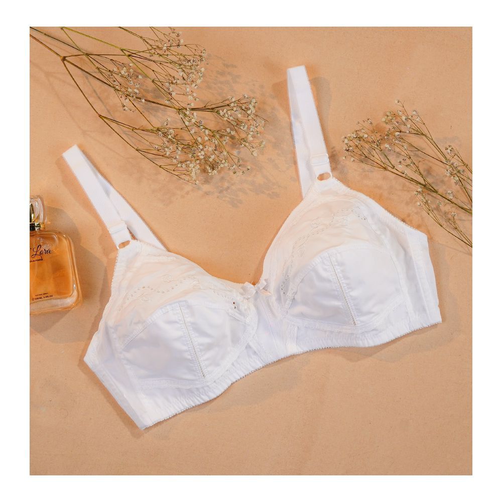 IFG Women's Comfort Bra, Woven Cotton, Embroidered, 15, White