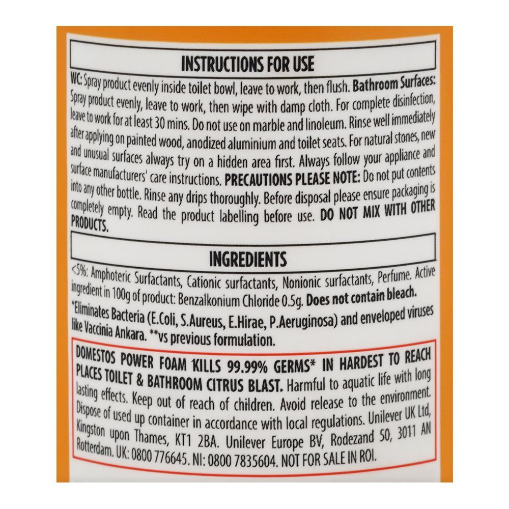 Domestos Power Foam Citrus Fresh Toilet & Bathroom Cleaner Trigger, 650ml
