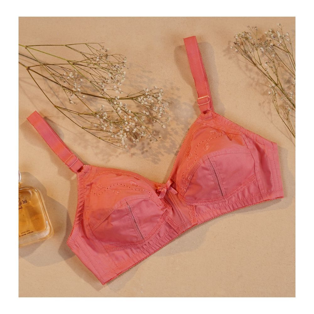 IFG Women's Comfort Bra, Woven Cotton, Embroidered, 15, Candy Pink