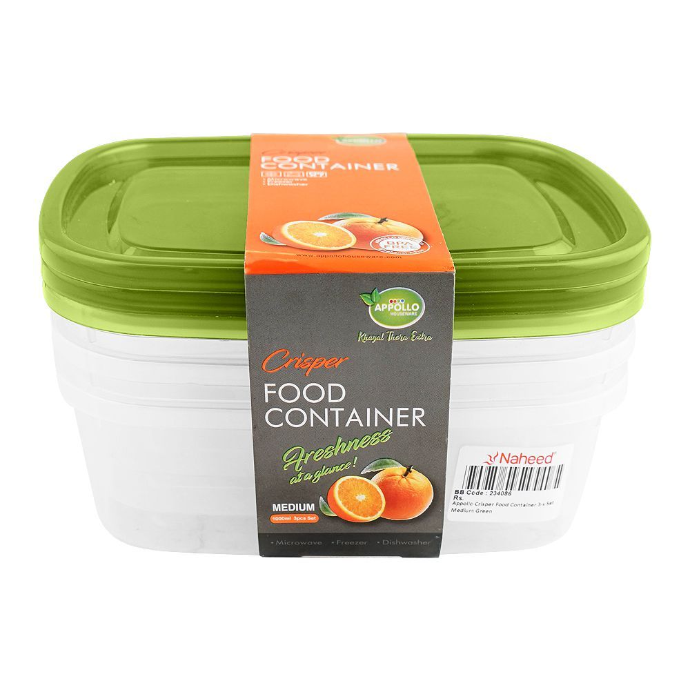 Appollo Crisper Food Container 3 Pieces Set, Medium, Green
