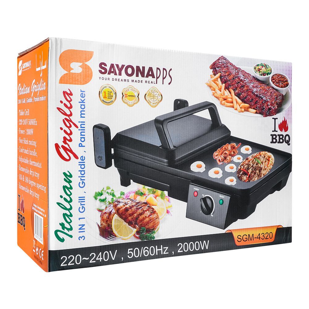 Buy Sayona 3-In-1 Grill, Griddle And Panini Maker, 2000W, SBBQ-4320 ...