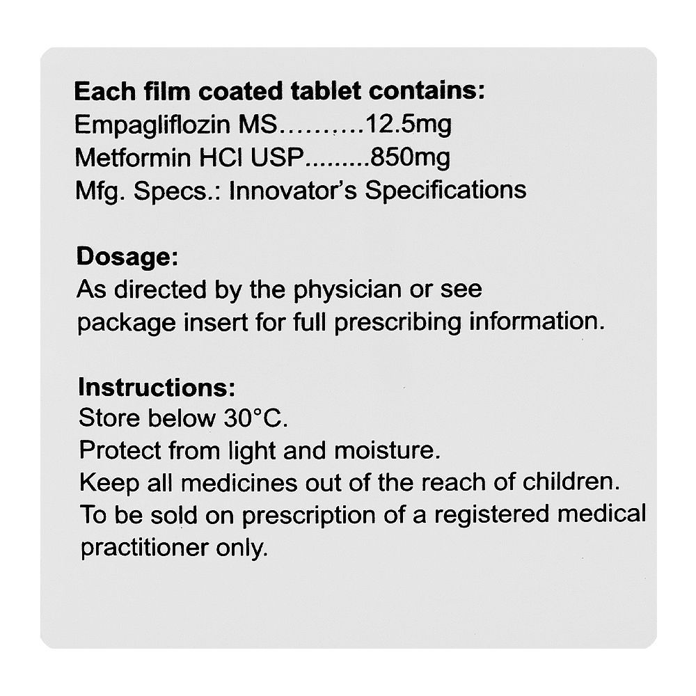 High-Q Pharmaceuticals Empaglimet Tablet, 12.5mg + 850mg, 14-Pack