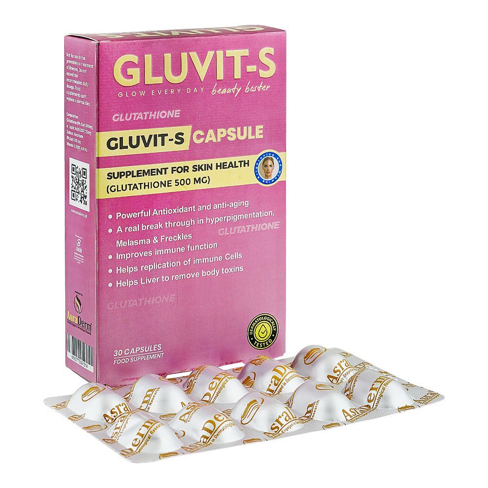 Gluvit-S Glutathione 500mg Supplement For Skin Health, Box (30 Capsules)