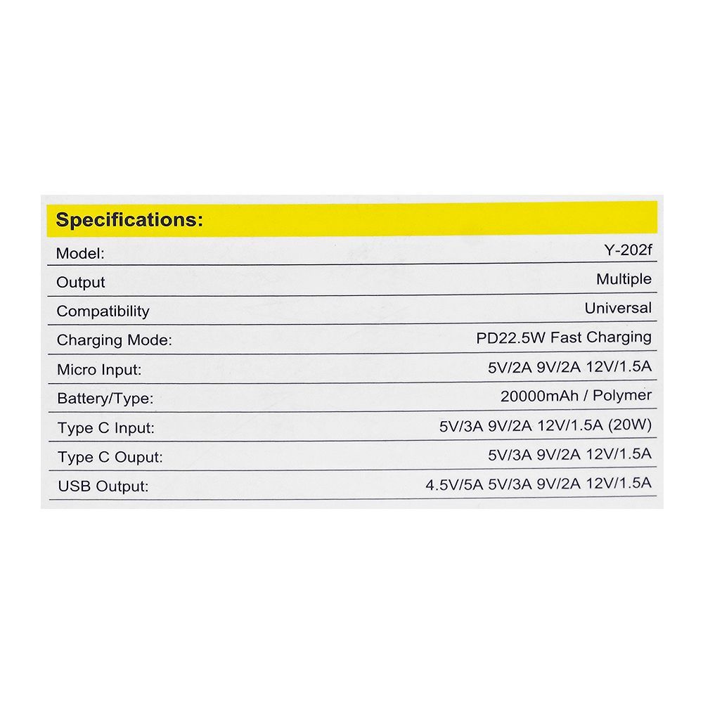 Yolo Insta 20 Power Bank (20000mAh, 22.5W), Black, Y-202F