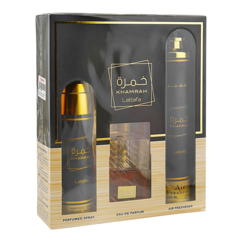 Lattafa Khamrah Gift Set: Eau de Parfum, 100ml+Body Spray 200ml+Air ...