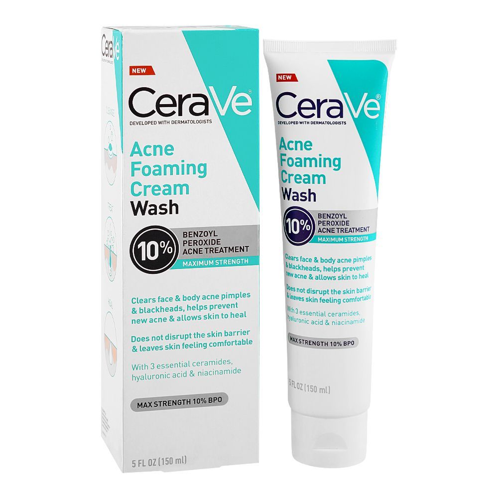 CeraVe 10% Benzoyl Peroxide Acne Foaming Cream Face & Body Wash, 150ml