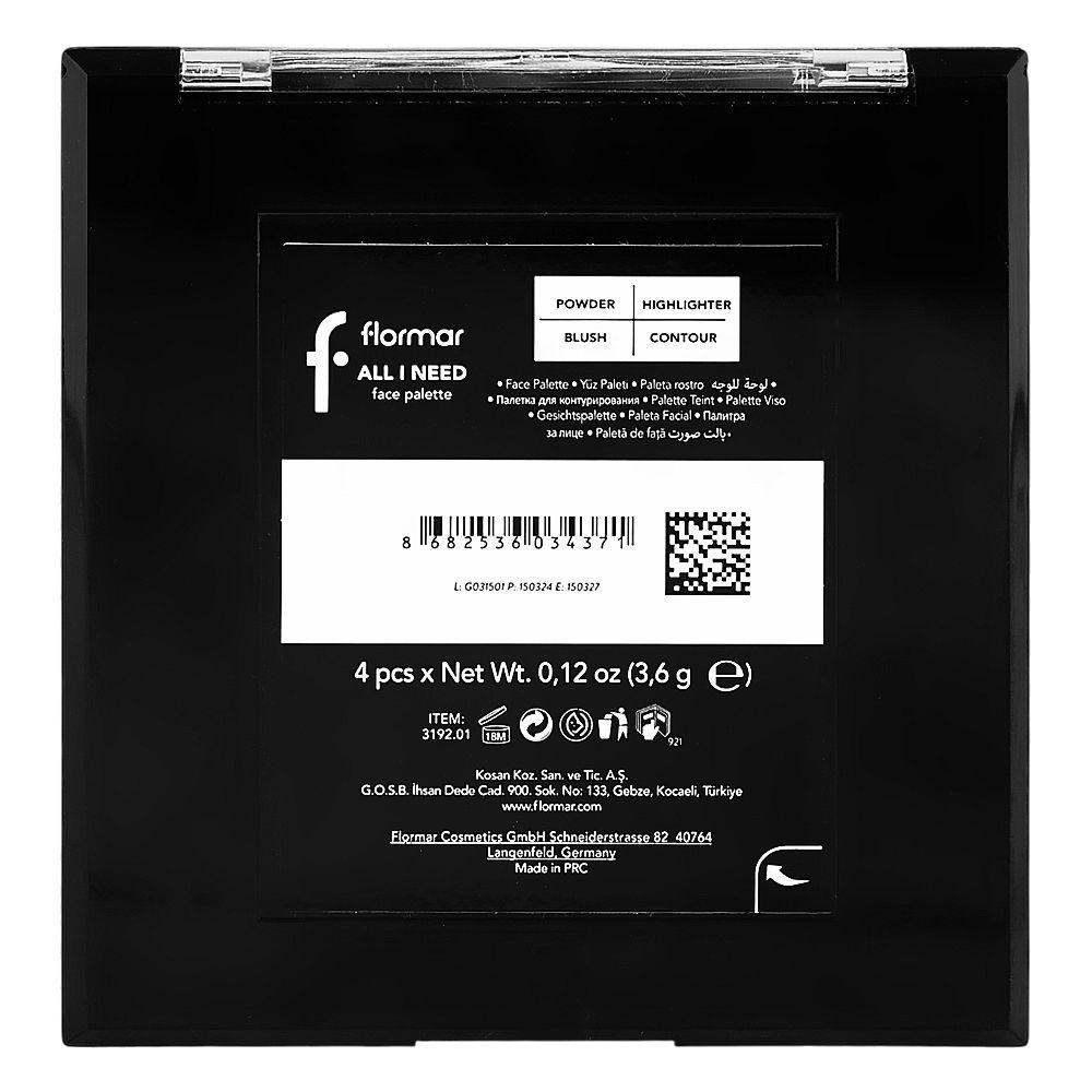 Flormar All Need Face Palette - Face Powder, Blush, Highlighter & Contour (3.4 Each), 4-in-1 Pack