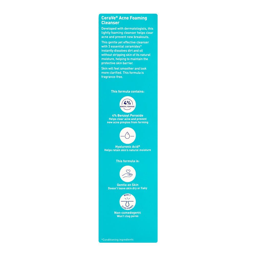 CeraVe Acne Foaming Cleanser with 4% Benzoyl Peroxide, Treats Acne ...