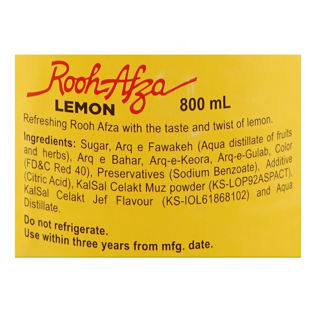 Rooh Afza Lemon Drink (Sharbat) Syrup, 800ml