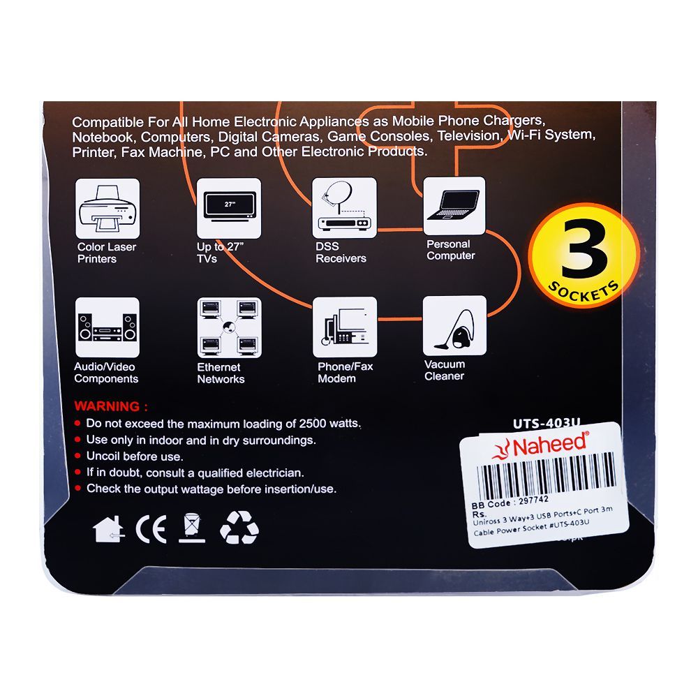 Uniross 3 Way + 3 USB-A Ports + 1 X USB-C Port 3 Meter Cable Extension Socket, 10A, 2500W, UTS-403U