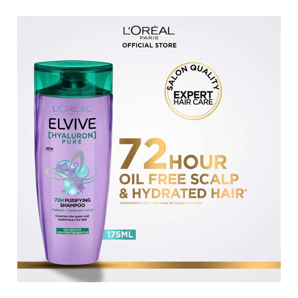 L'Oreal Paris Elvive Hyaluron Pure 72H Purifying Shampoo, Salicylic & Hyaluronic Acid, For ...