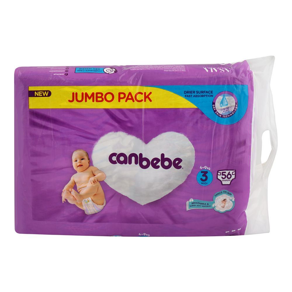 Canbebe Baby Diapers, Midi No 3, 4-9KG, 56-Pack