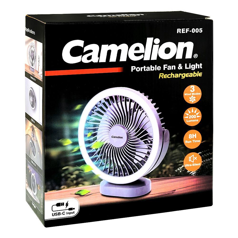 Camelion Rechargeable Light & Mini Fan, 3.7V, 1200mAh, 2100RPM, 8H Run ...
