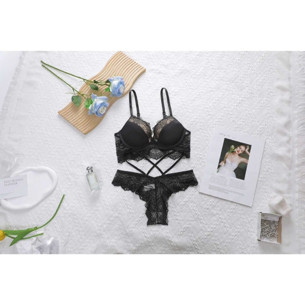 Sajiero Women's Padded Bra Set, Lace-Net, Adjustable Straps, Midnight ...
