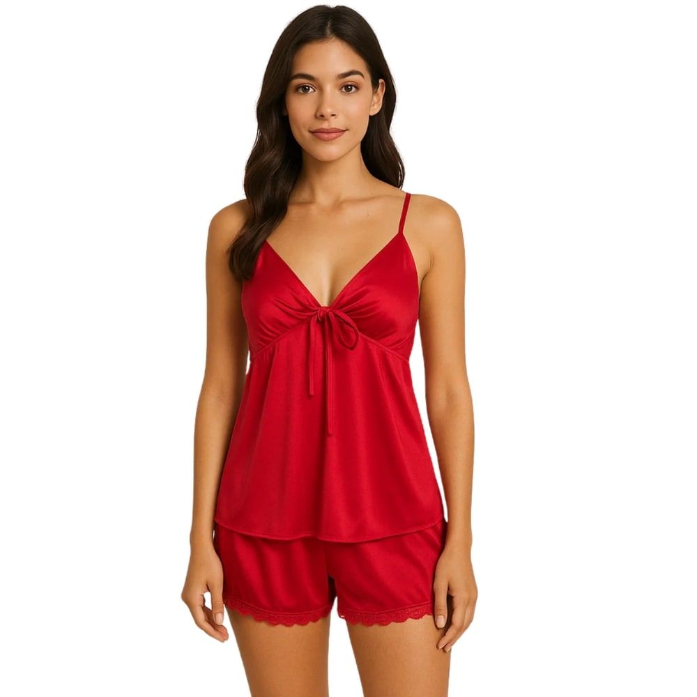 Sajiero Women's Inner Top & Short Cami Set, Jersey Silk, Red, OS2513RD ...