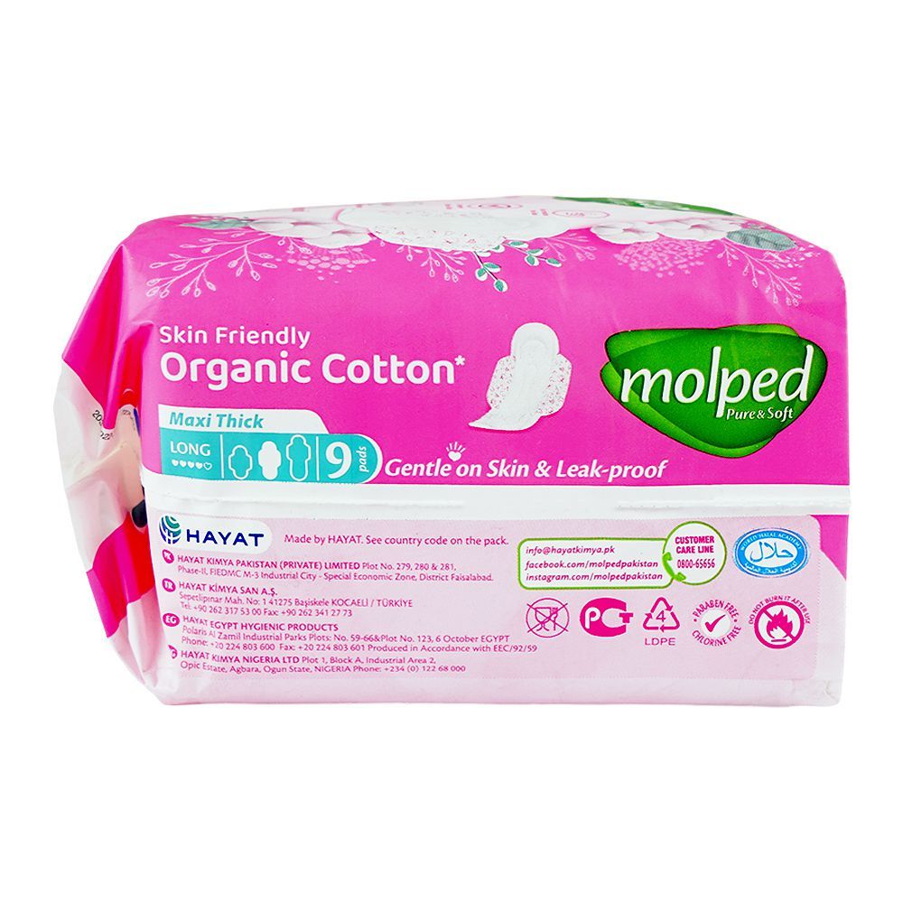 Molped Pure & Soft Maxi Thick Organic Cotton Pad, Long, 9-Pack