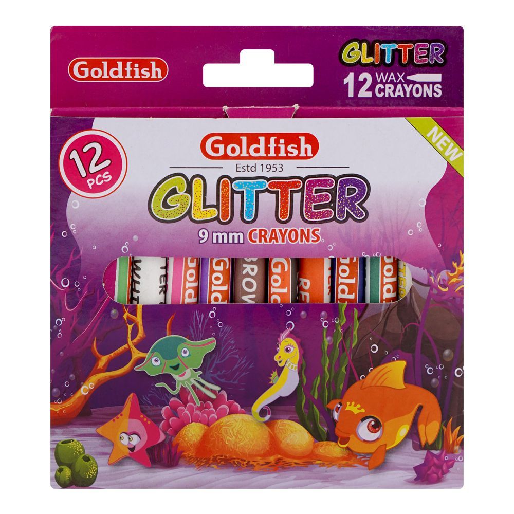 Goldfish Glitter 9mm Wax Crayons, CG-12S, 12-Pack, Assorted Colours