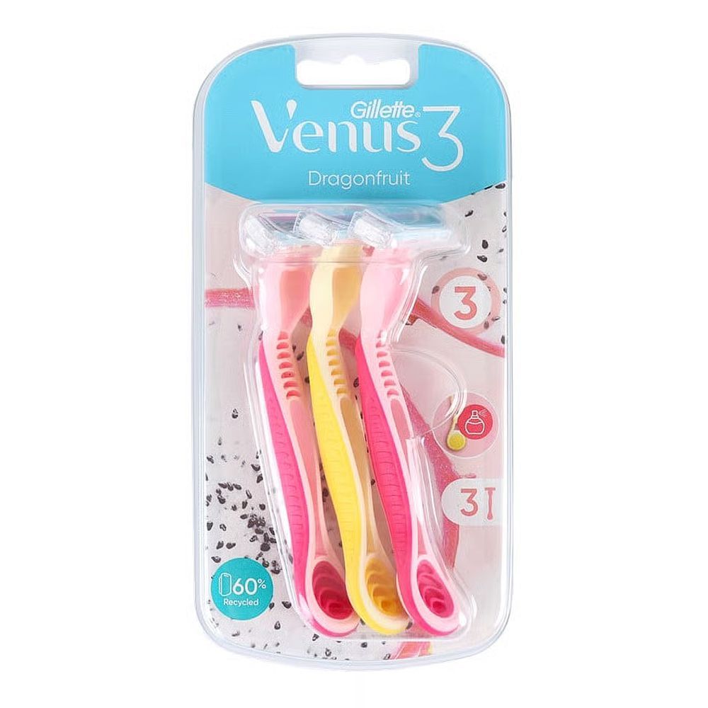 Gillette Venus 3 Dragon Fruit Disposable Razor For Women, 3-Pack